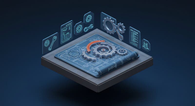 Mechanical Blueprint with Gears and Tools Isometric Design Stock ...