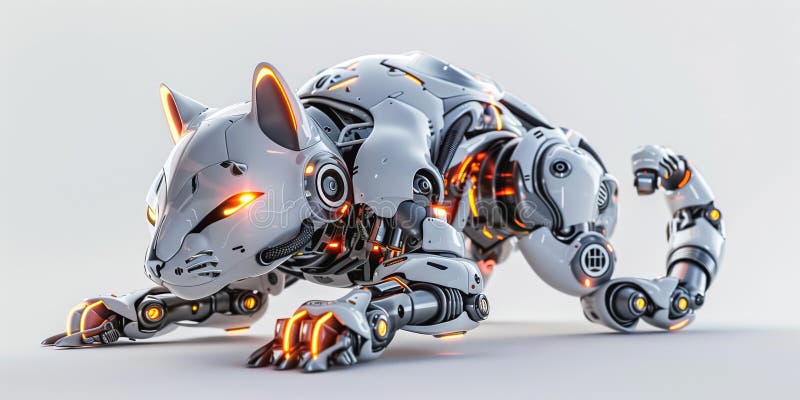 Mechanical Cat Robot with Glowing Orange Accents in a Crouching Pose ...