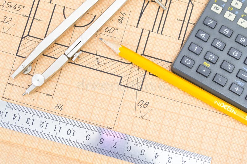 Mechanical Circuit, a Ruler, Compass, Calipers. Stock Photo - Image of ...