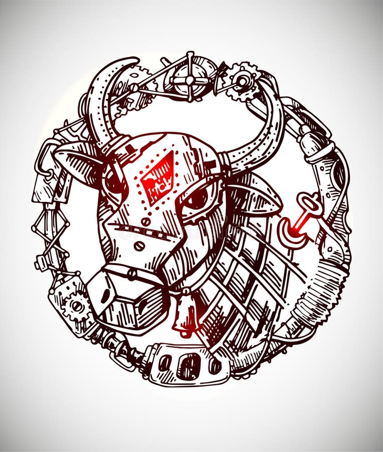 Mechanical Cow. Hand Drawn Vector Illustration Steampunk Style Stock ...