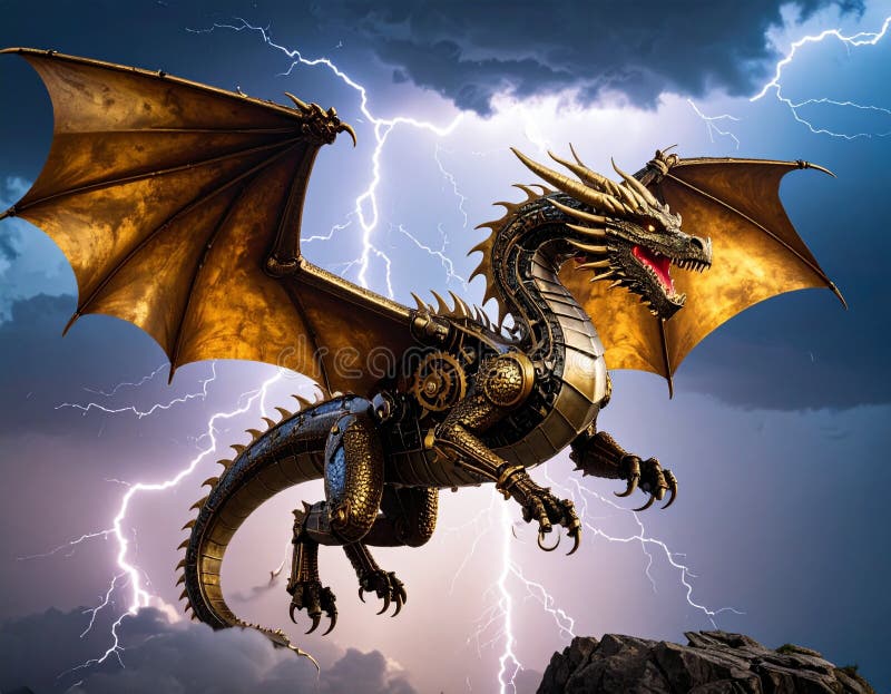A Mechanical Dragon Made of Brass and Gears, Soaring through a Stormy ...