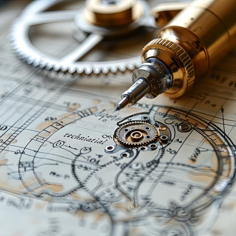 A Mechanical Drawing of a Clock with a Pen on it Stock Image - Image of ...