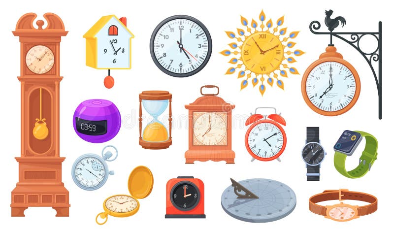 Mechanical and Electronic Clocks. Cartoon Various Clock, Watch Type ...