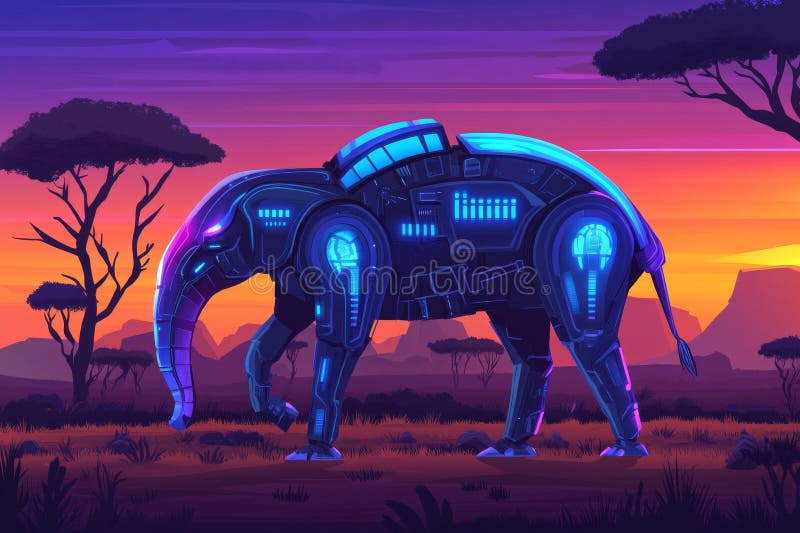 A Mechanical Elephant Silhouetted Against the Sunset in a Far-off ...