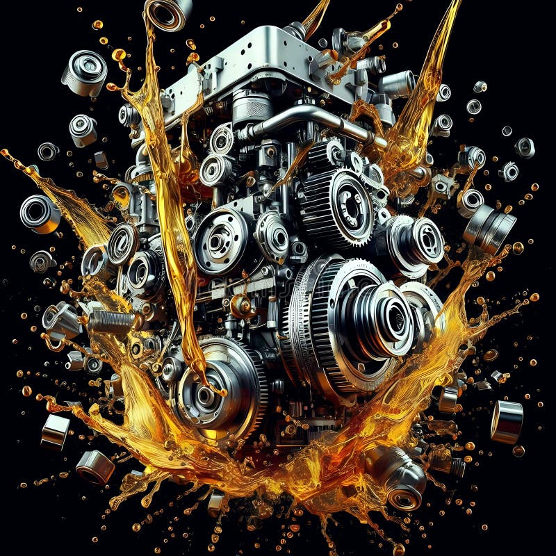Mechanical Engine Components Surrounded by Splashes of Oil. Stock ...