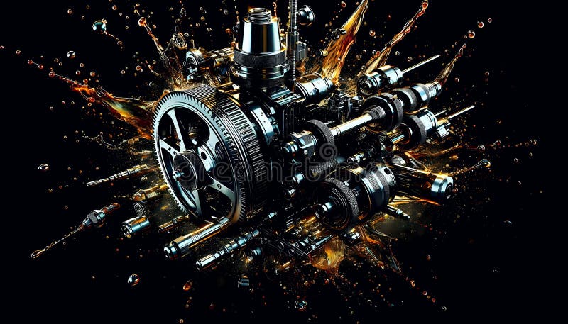 Mechanical Engine Components Surrounded by Splashes of Oil. Stock ...