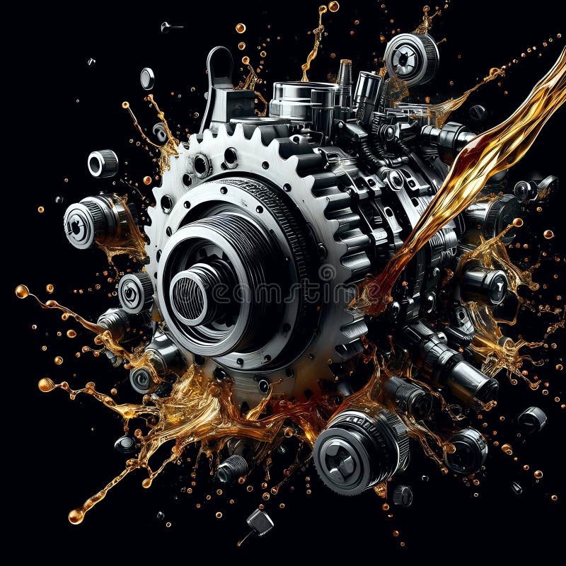 Mechanical Engine Components Surrounded by Splashes of Oil. Stock ...