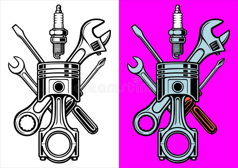 Mechanical Engine Tools Emblem Black White Line Art Stock Illustration ...