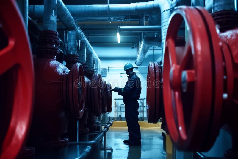 Mechanical Engineer Inspecting Centrifugal Pump in Plant Room with ...
