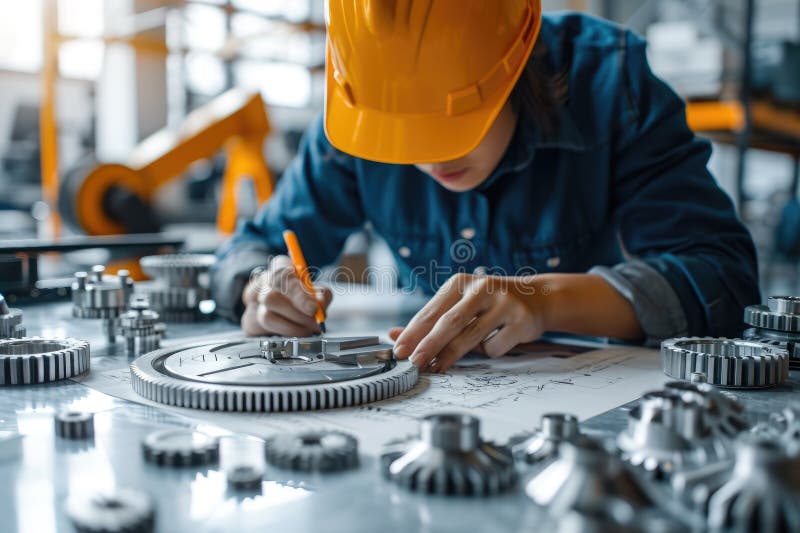 Mechanical Engineer Working with Machine and Gear and Blueprint ...