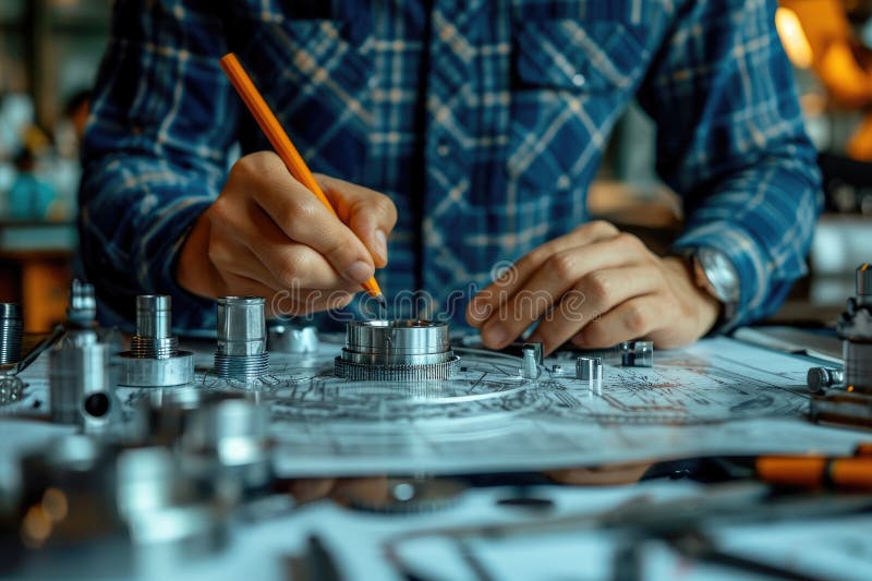 Mechanical Engineer Working with Machine and Gear and Blueprint ...