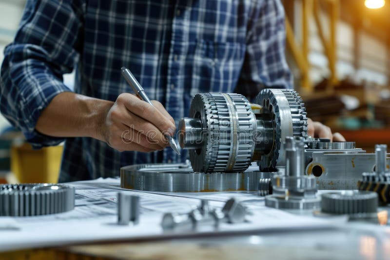 Mechanical Engineer Working with Machine and Gear and Blueprint ...