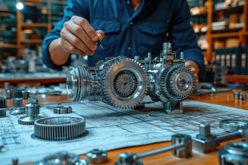 Mechanical Engineer Working with Machine and Gear and Blueprint ...