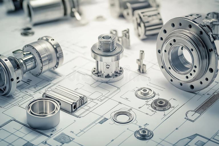 Mechanical Engineering Blueprint with Metal Components on Table Stock ...