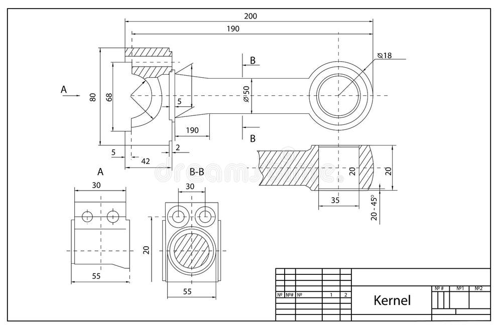 Mechanical Engineering Drawing. Technical Plan of Engine Connecting Rod ...