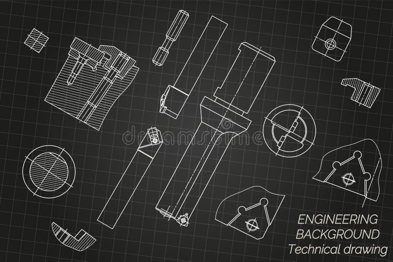 Mechanical Engineering Drawings on Black Background. Tap Tools, Borer ...