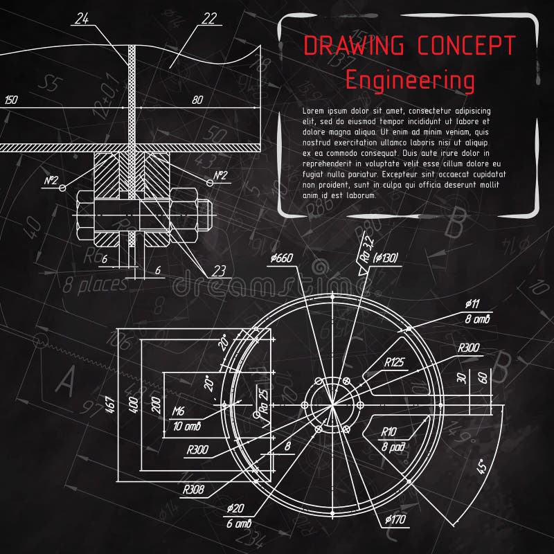 Mechanical Engineering Drawings on Blackboard Stock Illustration ...