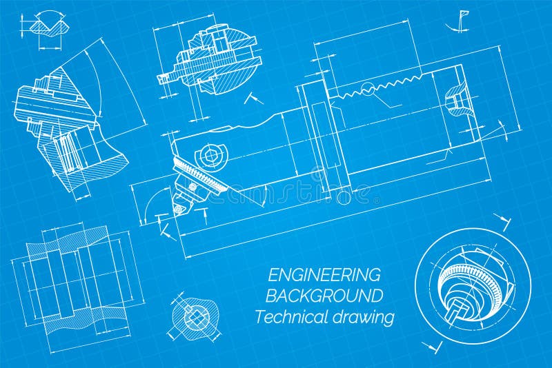 Mechanical Engineering Drawings on Blue Background. Boring Bar with ...