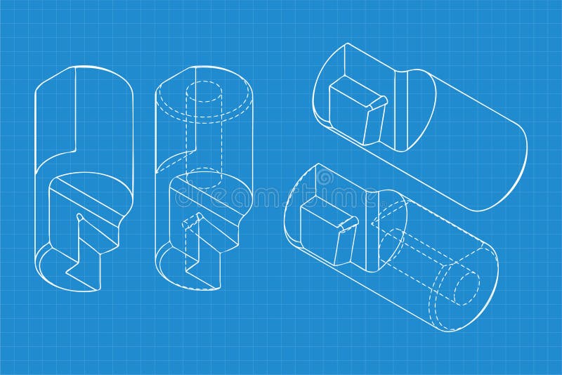 Mechanical Engineering Drawings on Blue Background. Cutter, Assembly ...