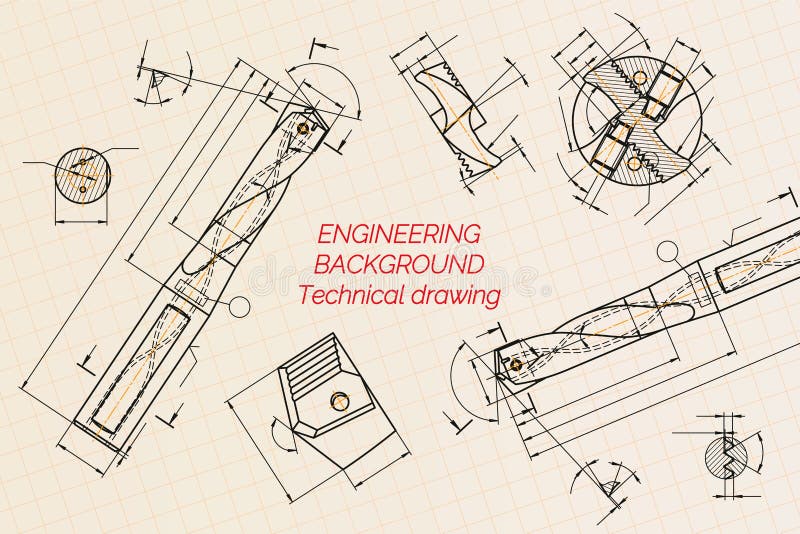 Mechanical Engineering Drawings on Blue Background. Drill Tools, Borer ...