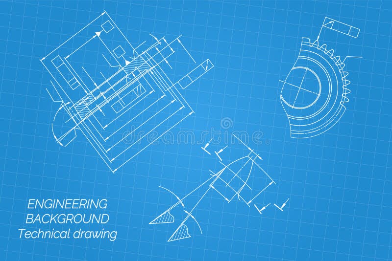 Mechanical Engineering Drawings on Blue Background. Gear Cutting Tool ...