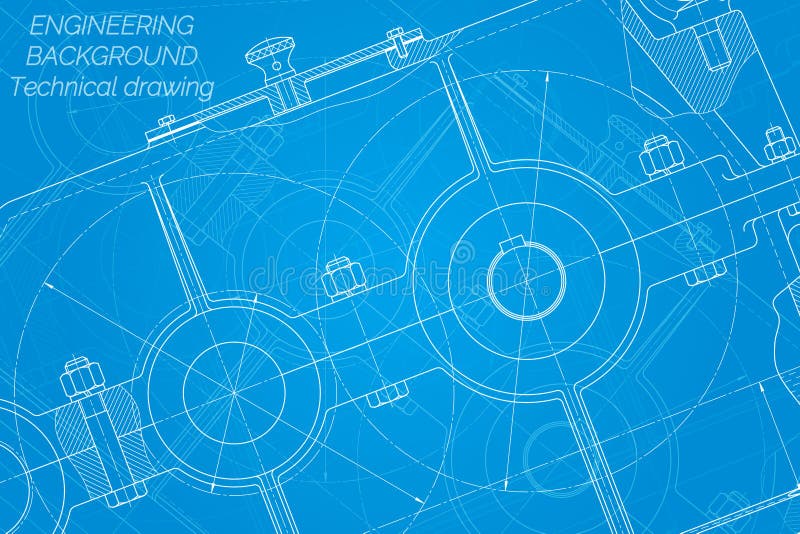 Mechanical Engineering Drawings on Blue Background. Reducer. Technical ...