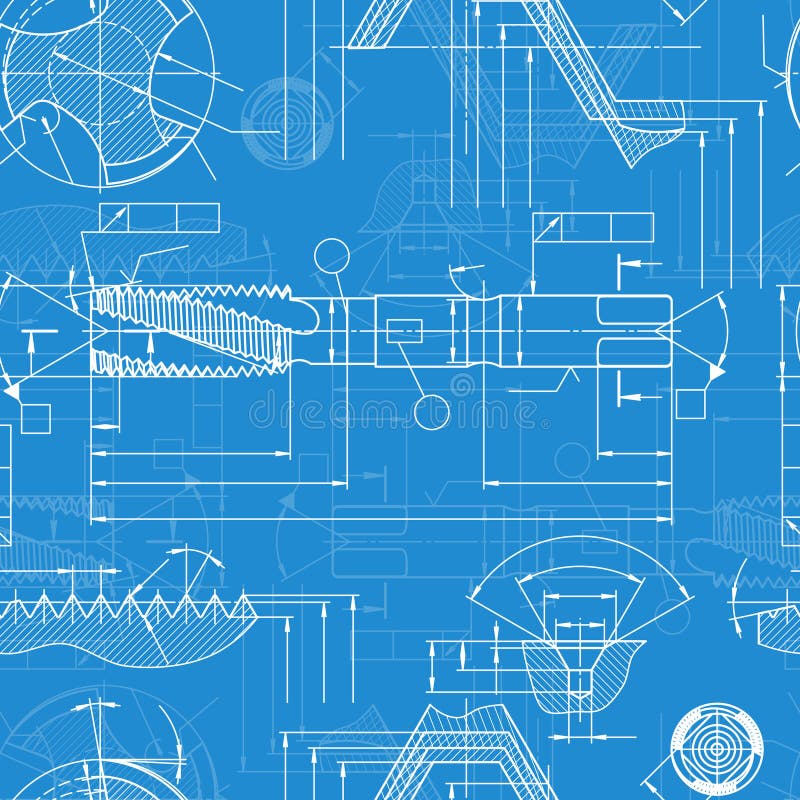 Mechanical Engineering Drawings on Blue Background. Tap Tools, Borer ...