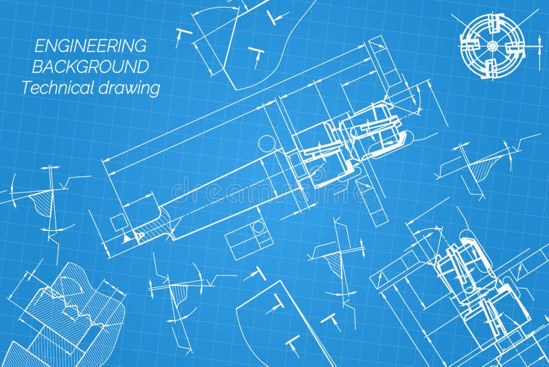Mechanical Engineering Drawings on Blue Background. Tap Tools, Borer ...