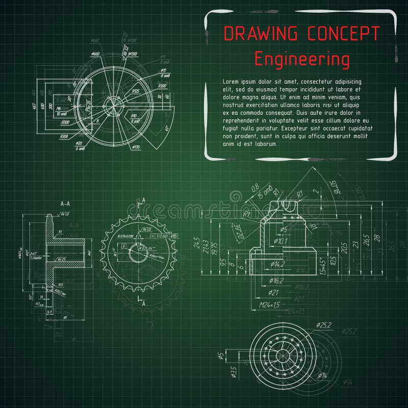 Background of Mechanical Engineering Drawings on Dark Stock Vector ...