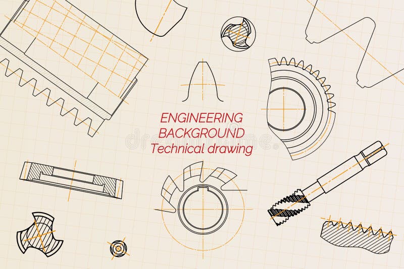 Mechanical Engineering Drawings on Light Background. Tap Tools, Borer ...