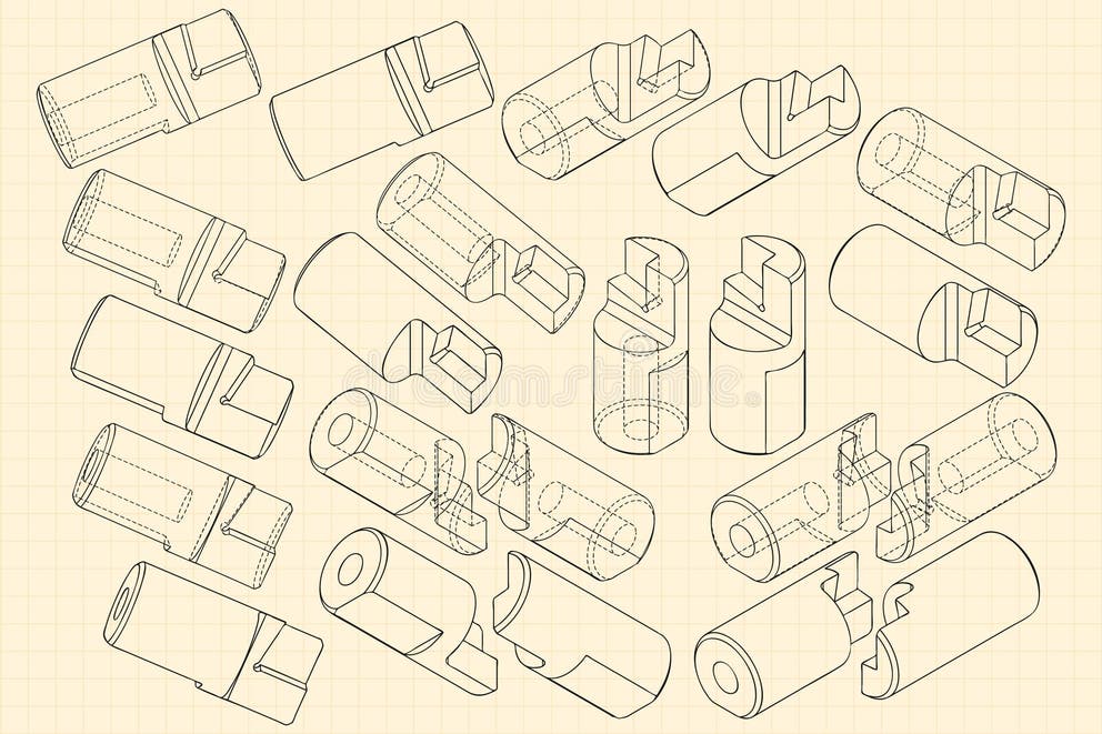 Mechanical Engineering Drawings on Sepia Background. Cutter, Assembly ...