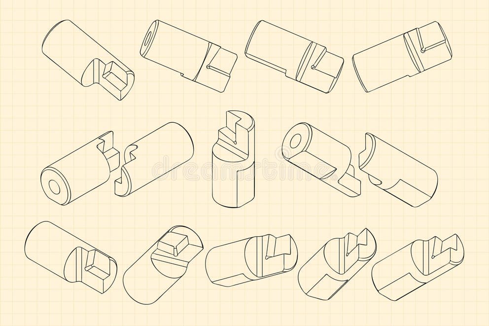 Mechanical Engineering Drawings on Sepia Background. Cutter, Assembly ...
