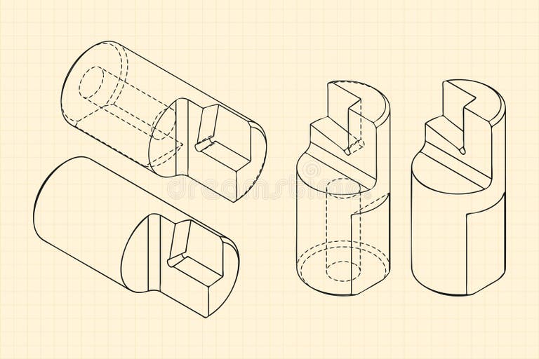 Mechanical Engineering Drawings on Sepia Background. Cutter, Assembly ...