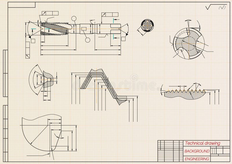 Mechanical Engineering Drawings on Blue Background. Tap Tools, Borer ...