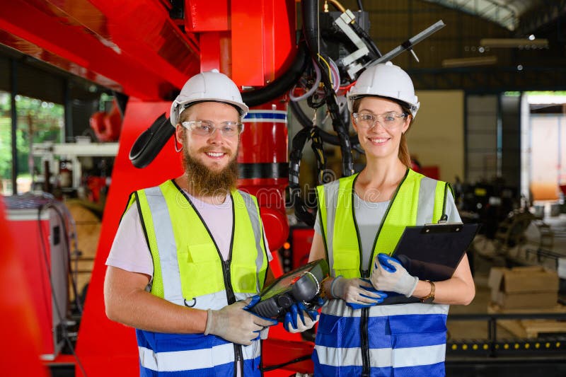 Mechanical Engineers Repairing Engine Machine at Factory Stock Photo ...
