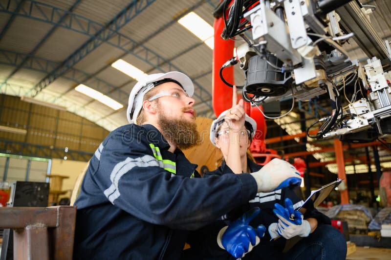 Mechanical Engineers Repairing Engine Machine at Factory Stock Image ...