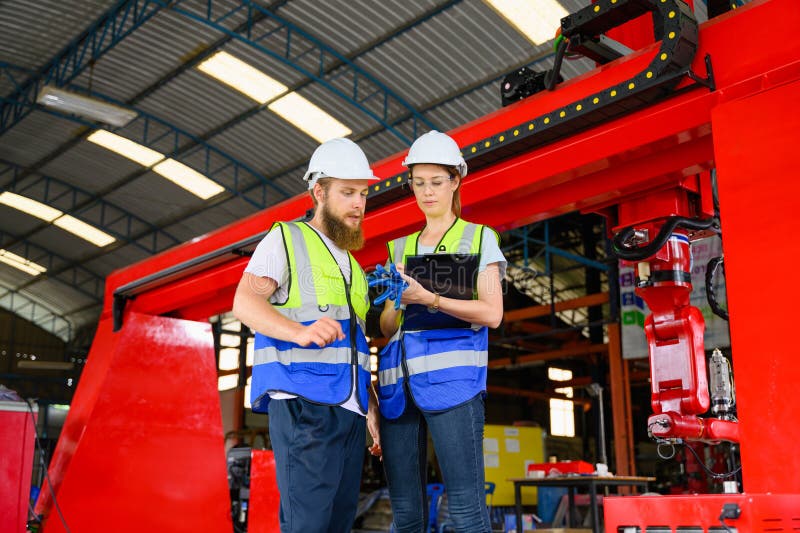 Mechanical Engineers Repairing Engine Machine at Factory Stock Photo ...