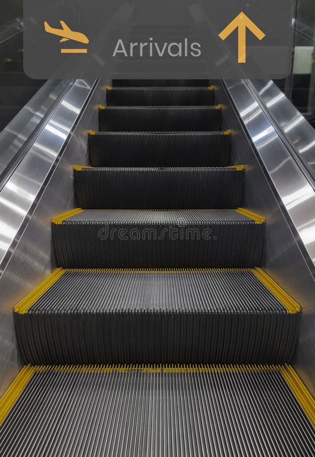 Mechanical Escalator in Terminal with Airport Sign Stock Image - Image ...