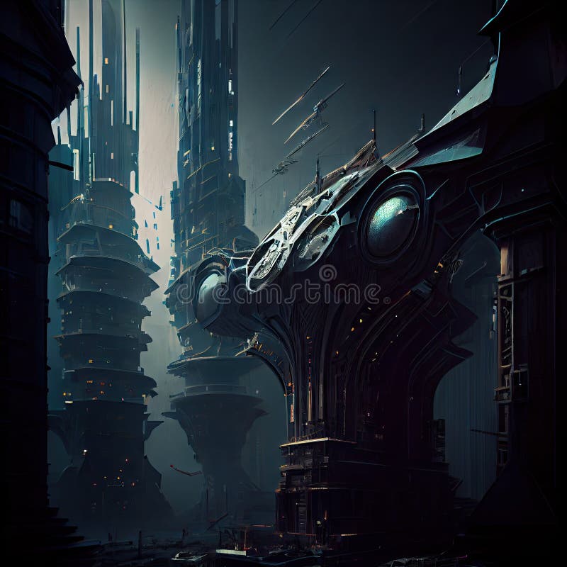 Mechanical Futuristic Dark City Stock Illustration - Illustration of ...