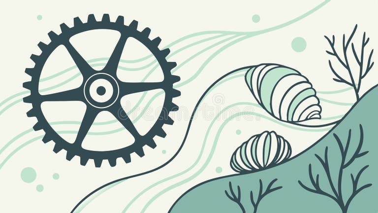 Mechanical Gear with Ocean Waves and Shells, Vector Design Generative ...