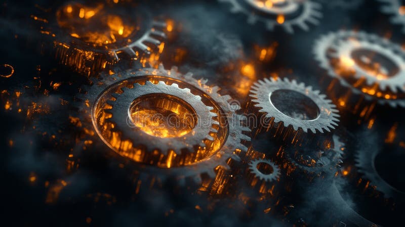 Mechanical Gears in Fiery Explosion Against a Dark Sky Create an ...