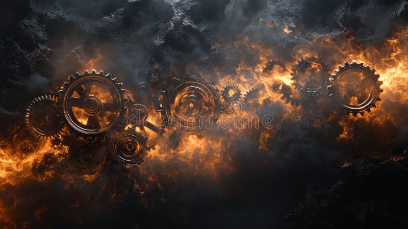 Mechanical Gears in Fiery Explosion Against a Dark Sky Create an ...