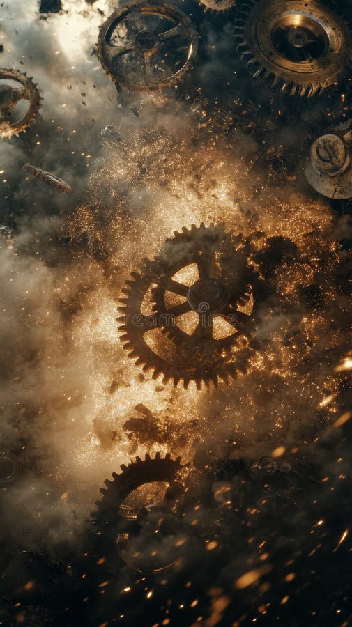 Mechanical Gears Floating through an Explosion of Sparks and Dust in a ...