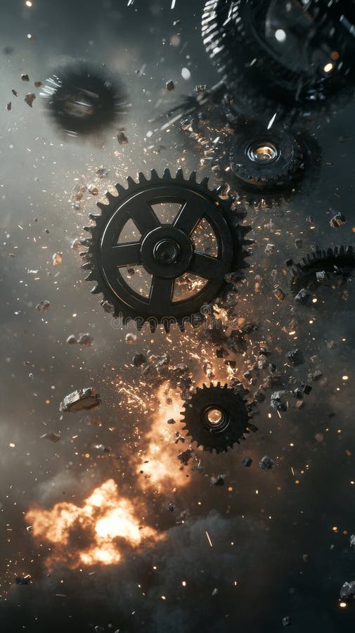 Mechanical Gears Floating through an Explosion of Sparks and Dust in a ...
