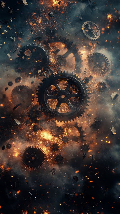 Mechanical Gears Floating through an Explosion of Sparks and Dust in a ...