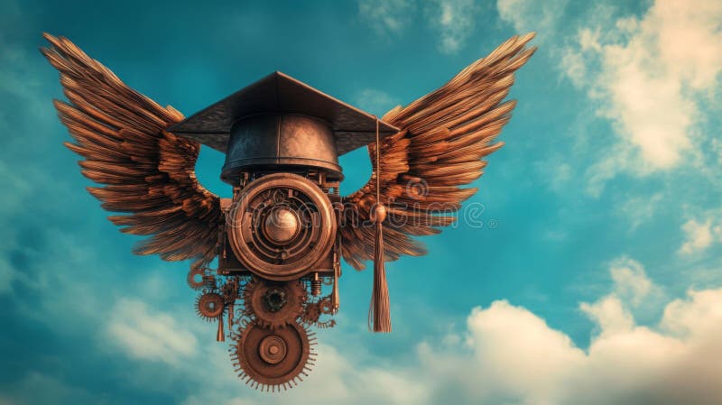 A Mechanical Graduation Cap Soaring with Golden Wings Stock ...