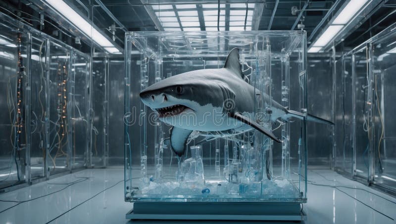 Mechanical Great White Shark Trapped in an Ice Cube and Connected To ...