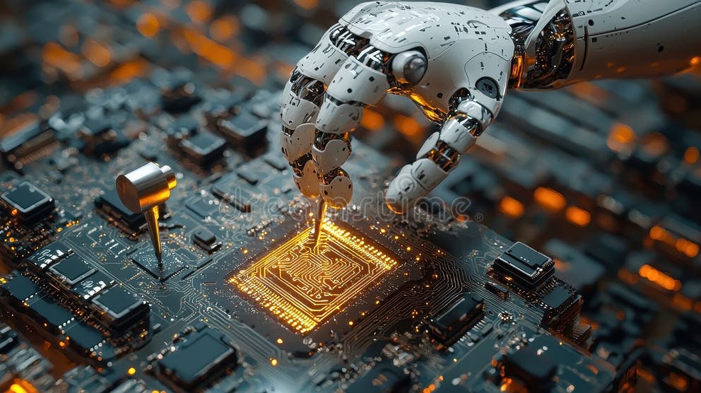 Mechanical Hand Assembling Illuminated Chip on Circuit Board Stock Image - Image of digital ...