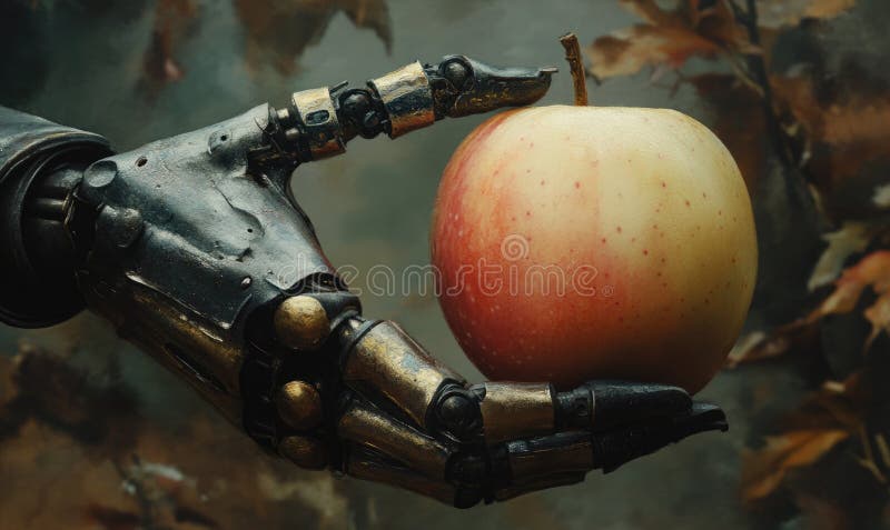 Mechanical Hand Grasping a Ripe Apple, Detailed Close-up Stock Photo ...