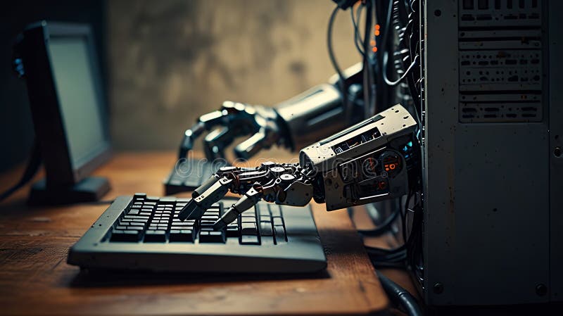 Mechanical Hand Hovers Over Keyboard in a Tech-filled Scene ...